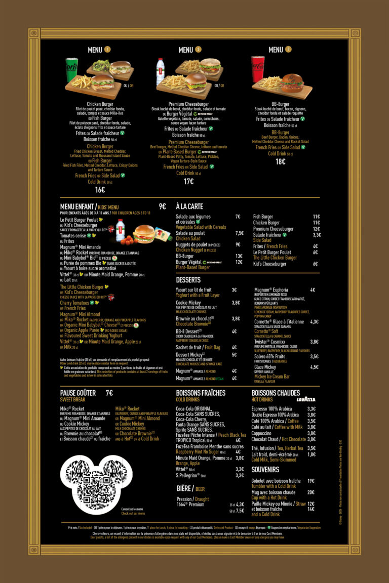 Tous les Menus, prix et cartes des restaurants de Disneyland Paris